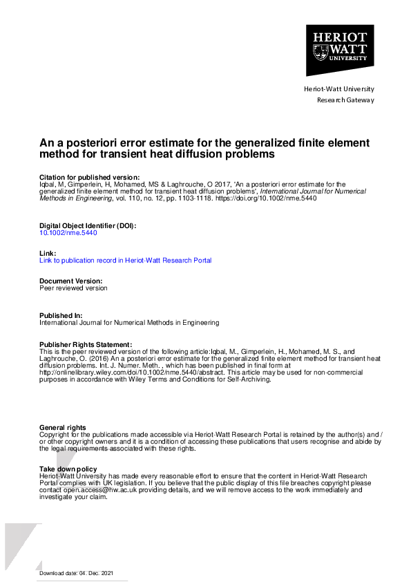Pdf An A Posteriori Error Estimate For The Generalized Finite Element Method For Transient