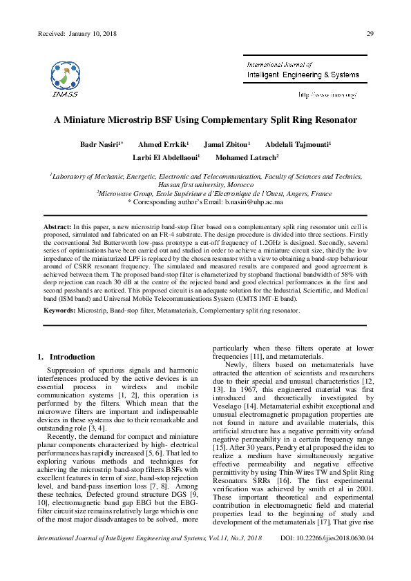 (PDF) A Miniature Microstrip BSF Using Complementary Split Ring Resonator | Mohamed Latrach ...
