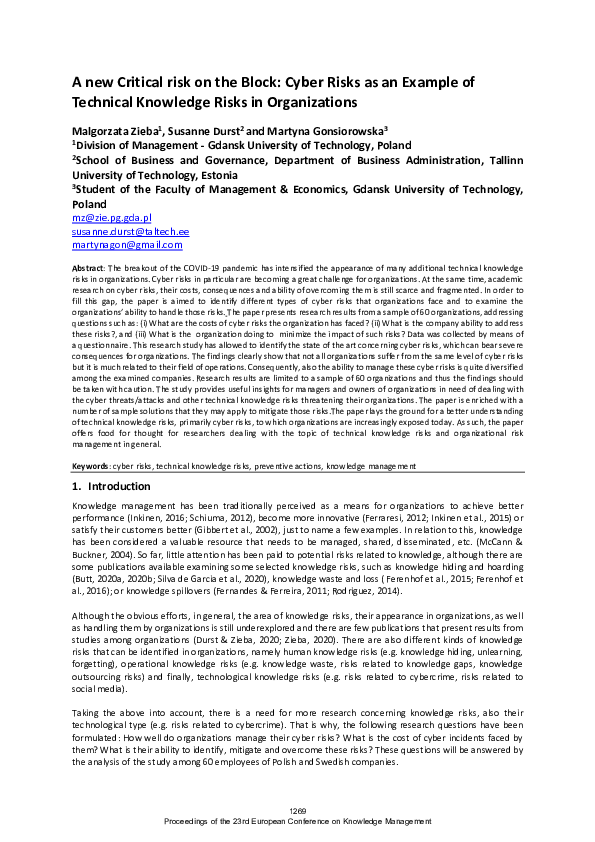 (PDF) A New Critical Risk on the Block: Cyber Risks as an Example of ...