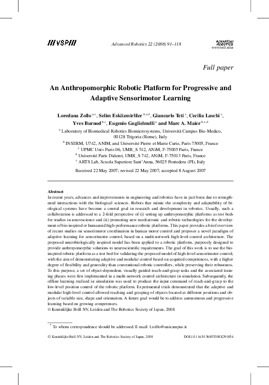 (PDF) An Anthropomorphic Robotic Platform for Progressive and Adaptive Sensorimotor Learning