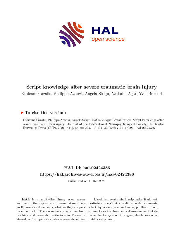 (PDF) Script knowledge after severe traumatic brain injury