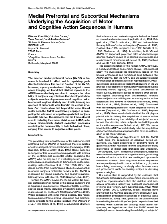 (PDF) Medial prefrontal and subcortical mechanisms underlying the acquisition of motor and ...