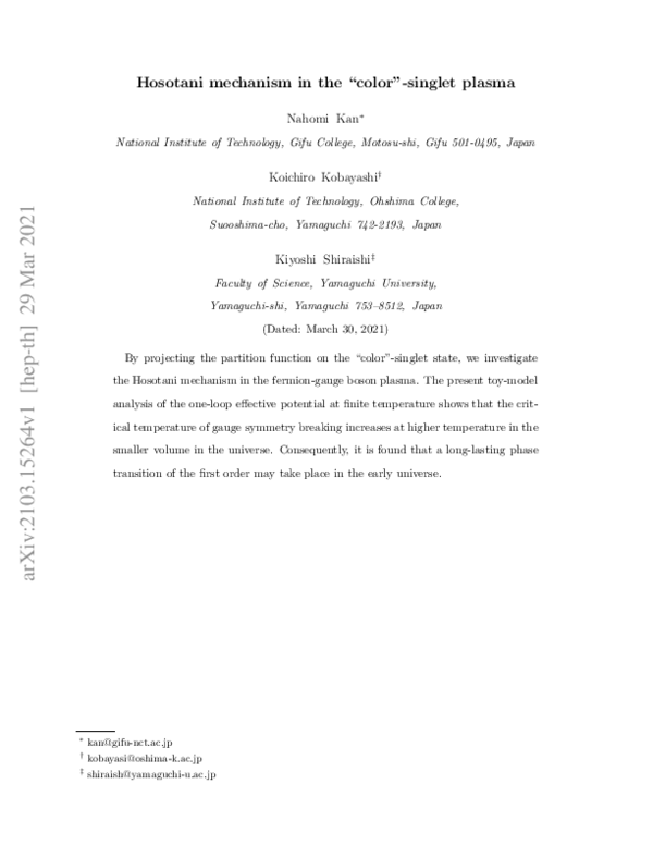 (PDF) Hosotani Mechanism in the “Color”-singlet Plasma