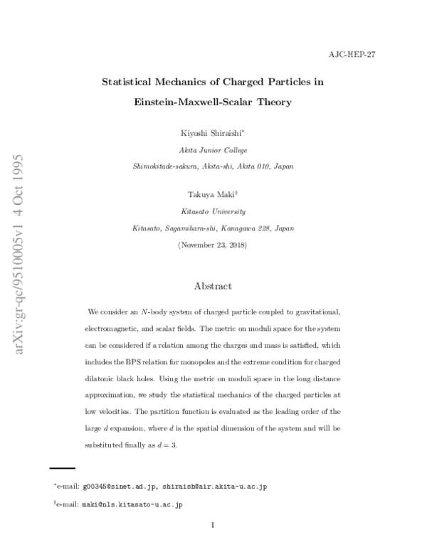 (PDF) Statistical mechanics of charged particles in Einstein-Maxwell-scalar theory