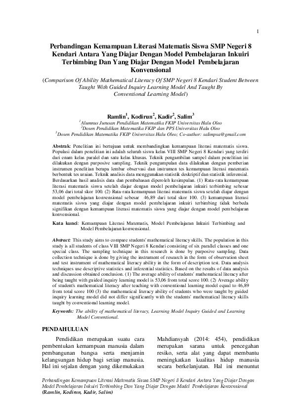 (PDF) Perbandingan Kemampuan Literasi Matematis Siswa SMP Negeri 8 Kendari Antara Yang Diajar ...