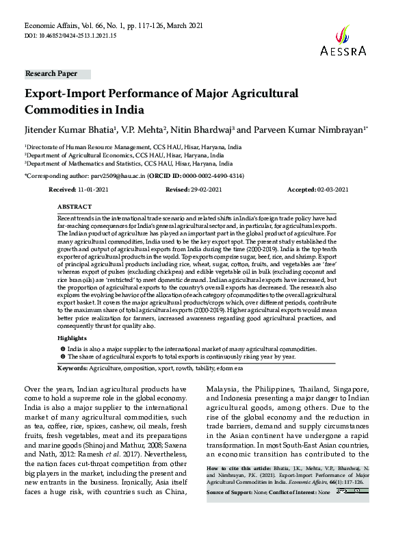 (PDF) Export-Import Performance of Major Agricultural Commodities in India