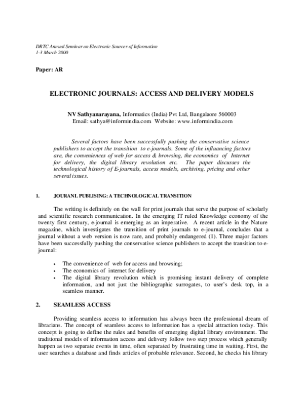 (PDF) Electronic Journals: Access and Delivery Models