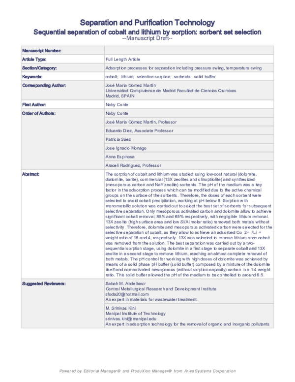 (PDF) Sequential Separation of Cobalt and Lithium by Sorption: Sorbent Set Selection