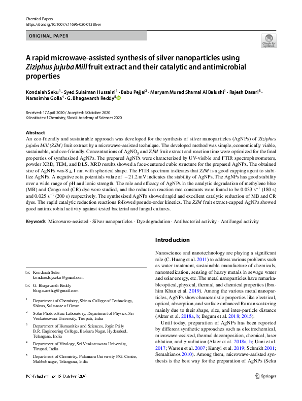 (PDF) A rapid microwave-assisted synthesis of silver nanoparticles using Ziziphus jujuba Mill ...