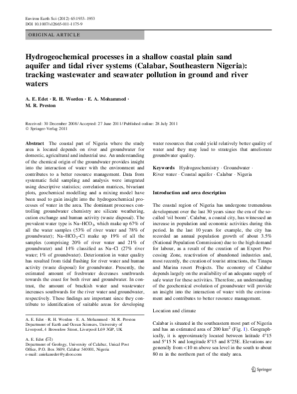Pdf Hydrogeochemical Processes In A Shallow Coastal Plain Sand Aquifer And Tidal River Systems