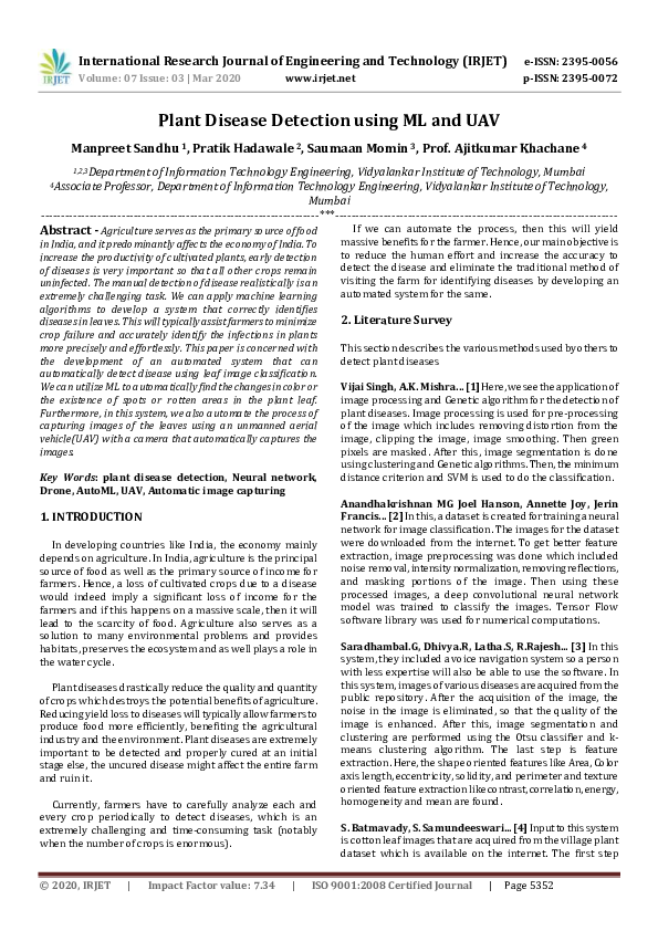 Pdf Plant Disease Detection Using Ml And Uav
