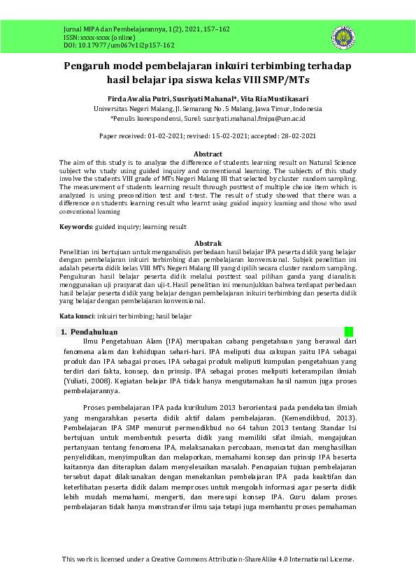 (PDF) Pengaruh model pembelajaran inkuiri terbimbing terhadap hasil belajar ipa siswa kelas VIII ...