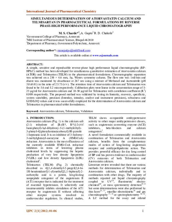 (PDF) Simultaneous Determination of Atorvastatin Calcium and Telmisartan in Pharmaceutical ...