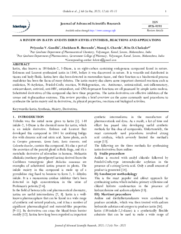 (PDF) A Review on Isatin and Its Derivatives: Synthesis, Reactions and ...