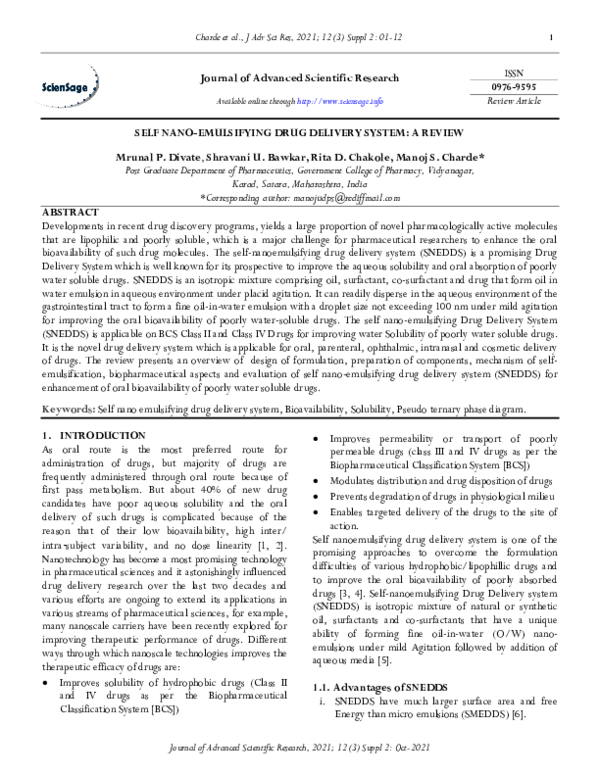 Pdf Self Nano Emulsifying Drug Delivery System A Review Dr Manoj Charde