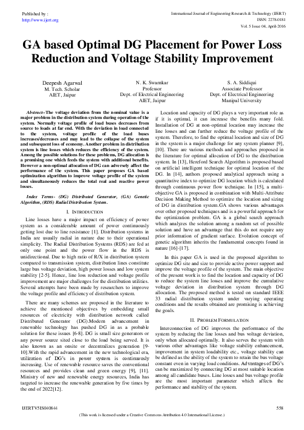Pdf Ga Based Optimal Dg Placement For Power Loss Reduction And