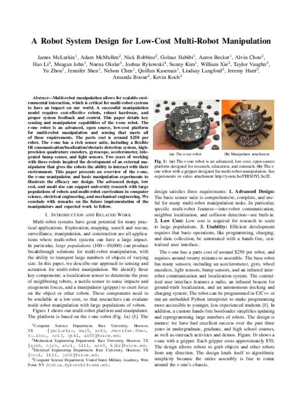 (PDF) A robot system design for low-cost multi-robot manipulation