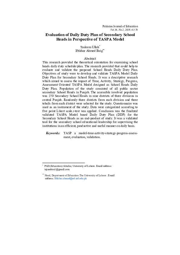 (PDF) Evaluation of Daily Duty Plan of Secondary School Heads in ...