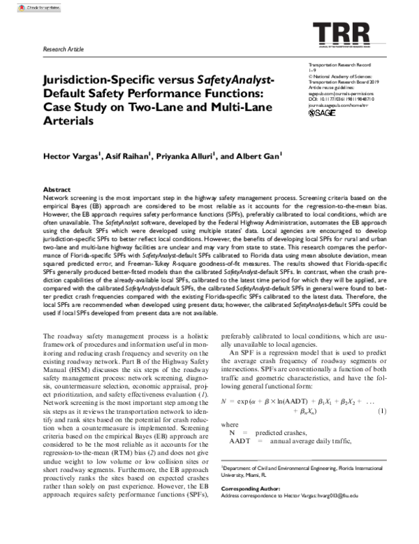 (PDF) Jurisdiction-Specific versus SafetyAnalyst-Default Safety Performance Functions: Case ...