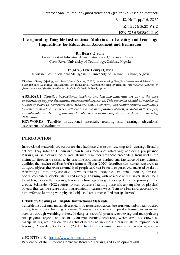 (PDF) Incorporating Tangible Instructional Materials in Teaching and ...