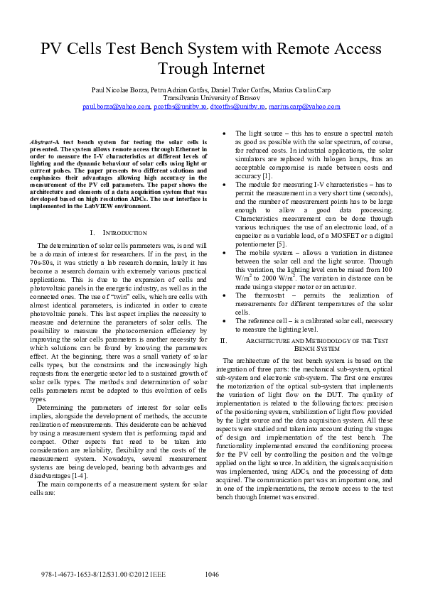 (PDF) PV cells test bench system with remote access trough Internet