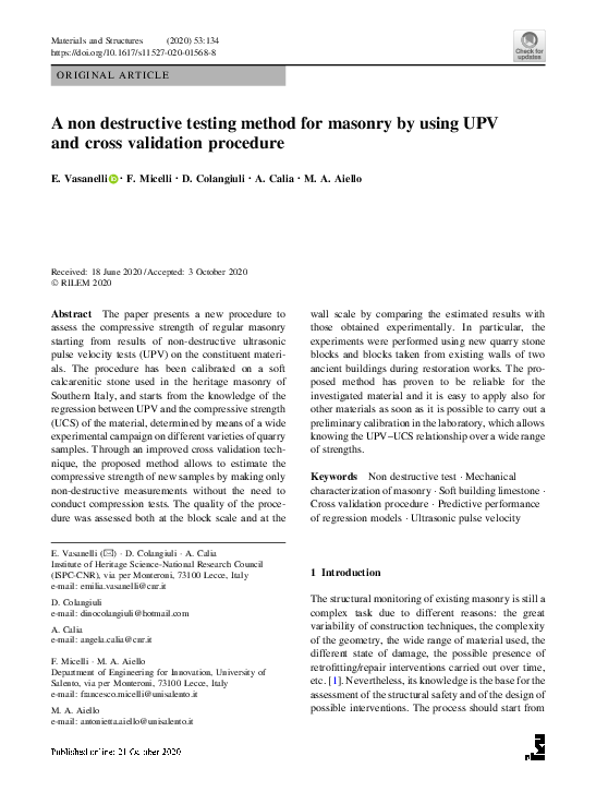(PDF) A non destructive testing method for masonry by using UPV and ...
