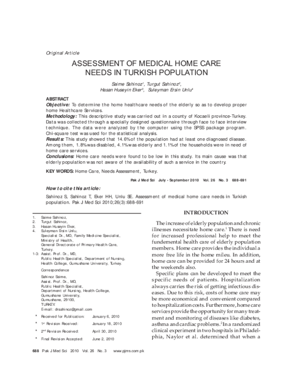 (PDF) Assessment of medical home care needs in Turkish population