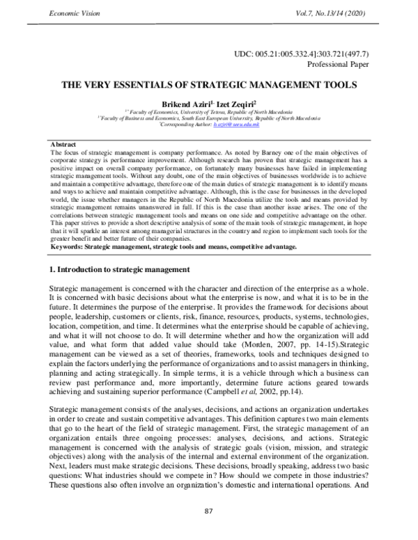 (PDF) The Very Essentials of Strategic Management Tools