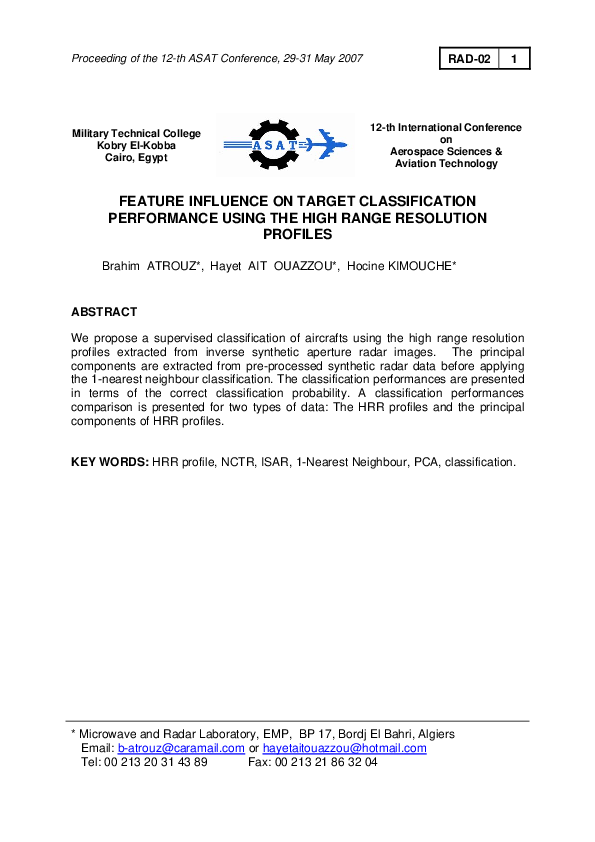 (PDF) Feature Influence on Target Classification Performance Using the High Range Resolution ...