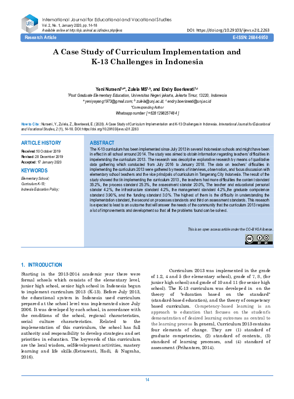 (PDF) A Case Study of Curriculum Implementation and K-13 Challenges in Indonesia