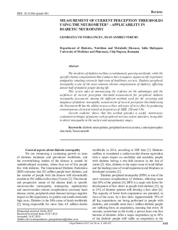 (PDF) Measurement of Current Perception Thresholds Using the Neurometer ...