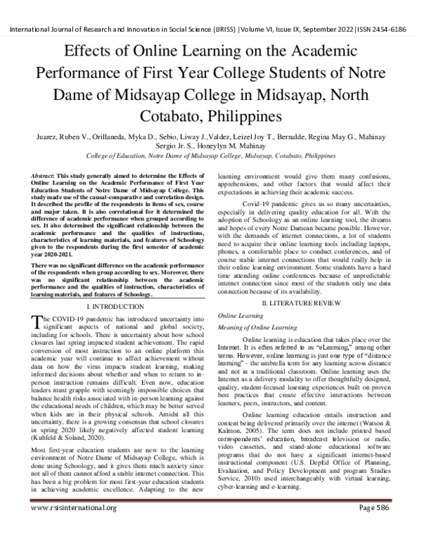 (PDF) Effects of Online Learning on the Academic Performance of First ...