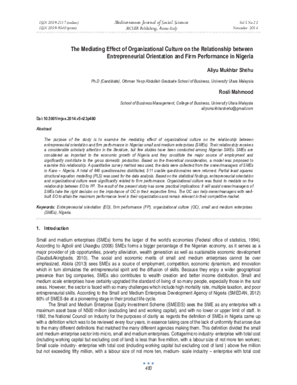 (PDF) The Mediating Effect of Organizational Culture on the Relationship between Entrepreneurial ...