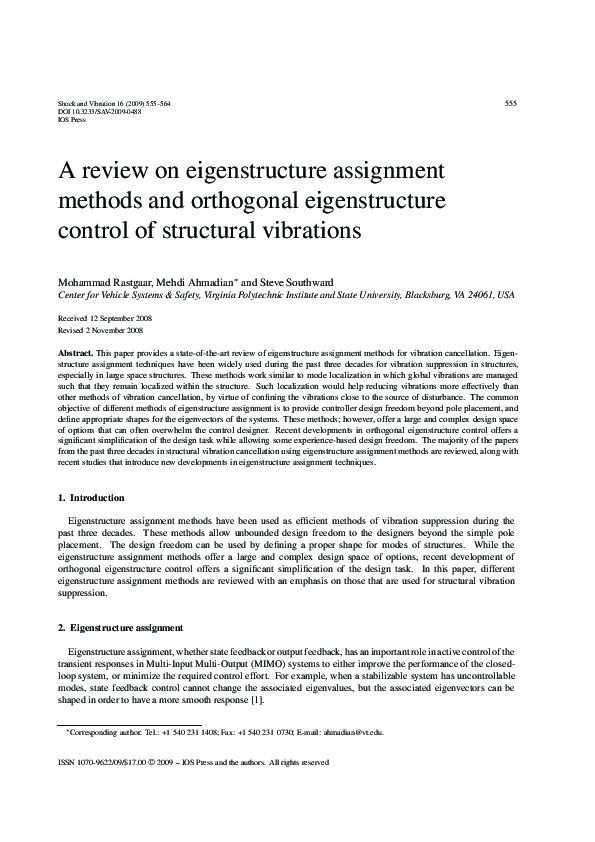 Pdf A Review On Eigenstructure Assignment Methods And Orthogonal Eigenstructure Control Of