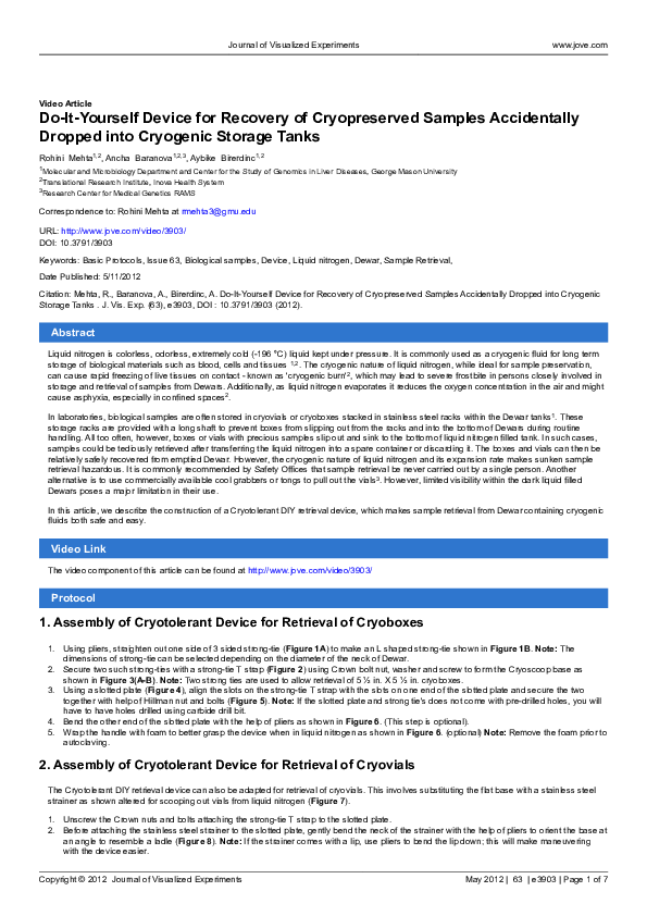 (PDF) Do-It-Yourself Device for Recovery of Cryopreserved Samples ...