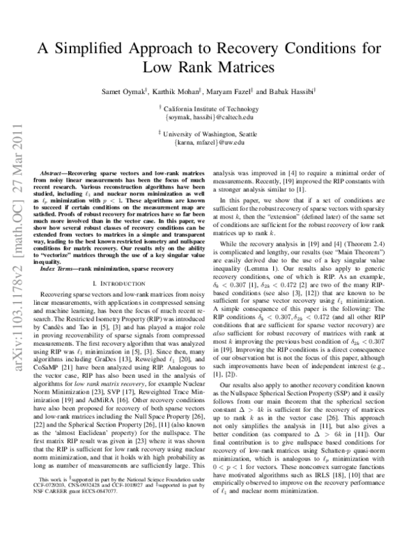 (PDF) A simplified approach to recovery conditions for low rank matrices