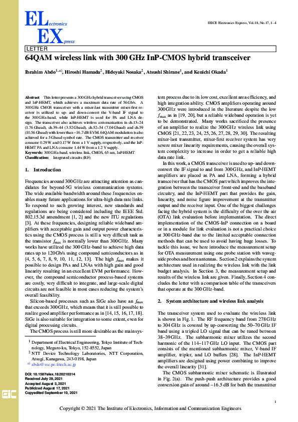 (PDF) 64QAM wireless link with 300GHz InP-CMOS hybrid transceiver