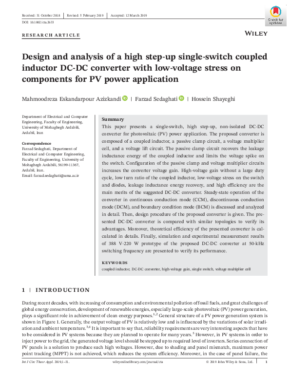 (PDF) Design and analysis of a high step‐up single‐switch coupled inductor DC‐DC converter with ...