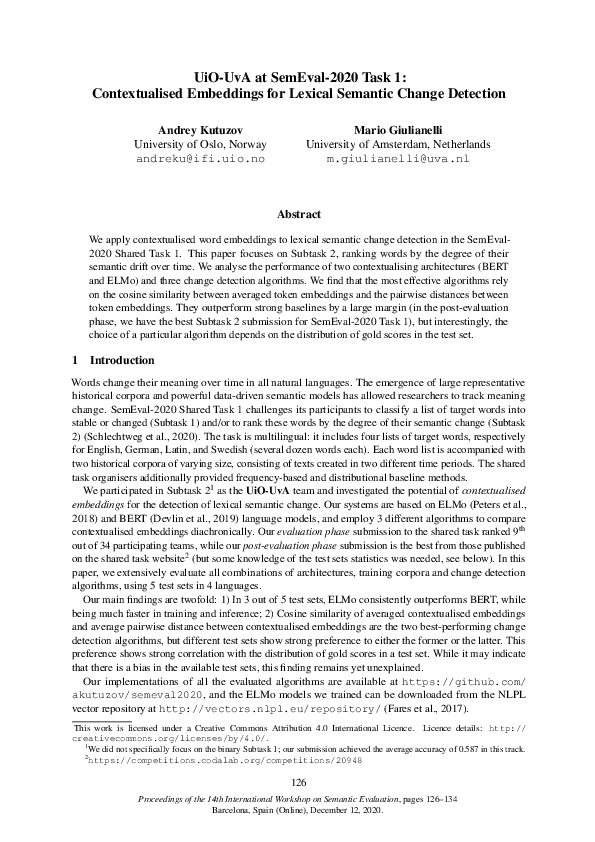 (PDF) UiO-UvA at SemEval-2020 Task 1: Contextualised Embeddings for Lexical Semantic Change ...