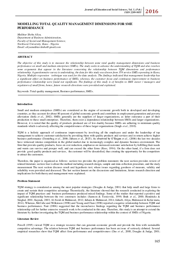 (PDF) Modelling Total Quality Management Dimensions for Sme Performance
