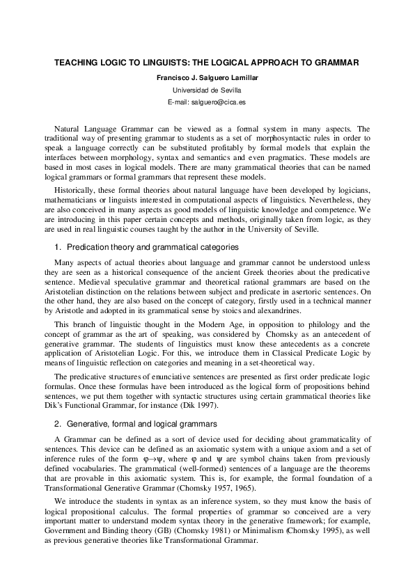 (PDF) Teaching Logic to Linguists: The Logical Approach to Grammar