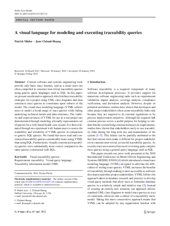 (PDF) A visual language for modeling and executing traceability queries