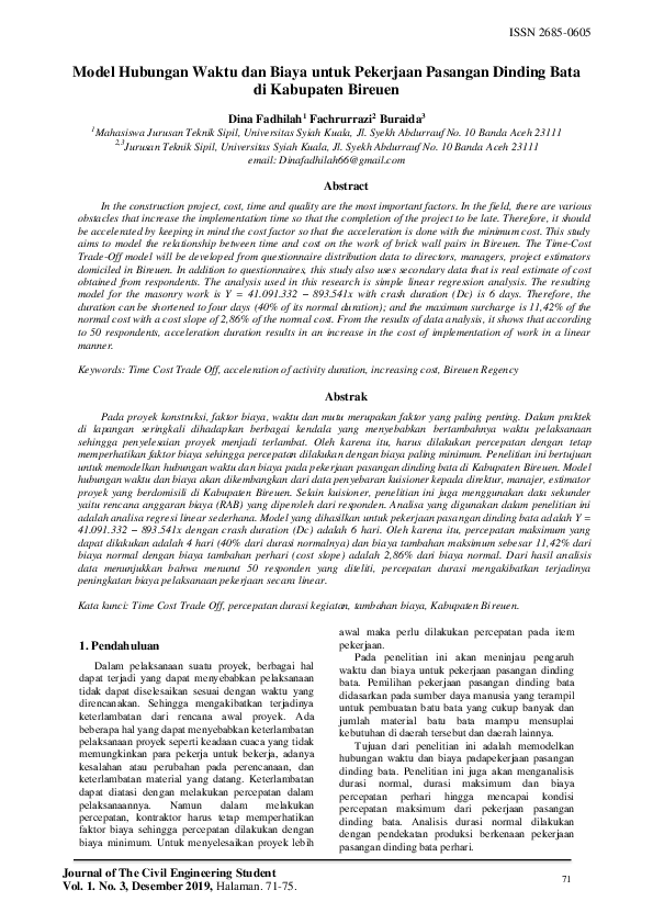 (PDF) Model Hubungan Waktu dan Biaya untuk Pekerjaan Pasangan Dinding Bata di Kabupaten Bireuen