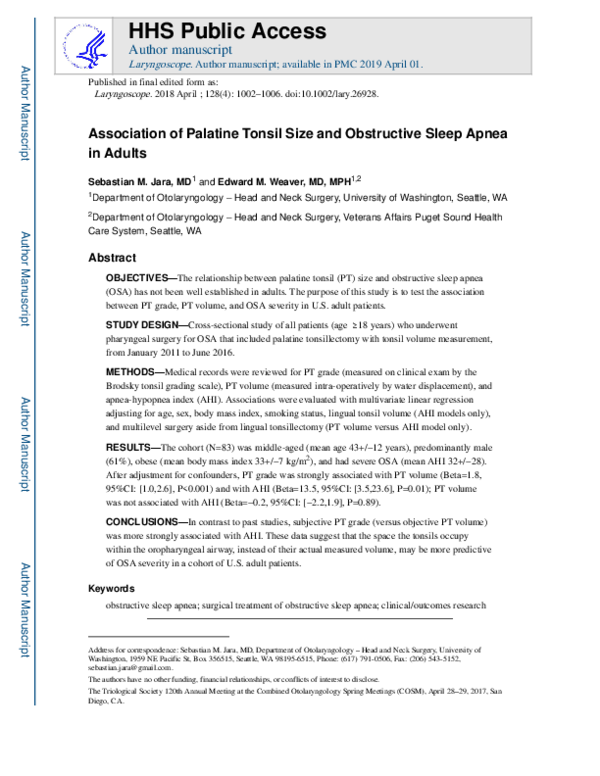 (PDF) Association of palatine tonsil size and obstructive sleep apnea ...