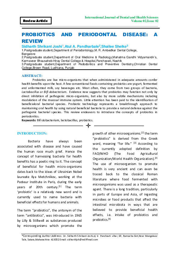 (PDF) Probiotics and Periodontal Disease - A Review