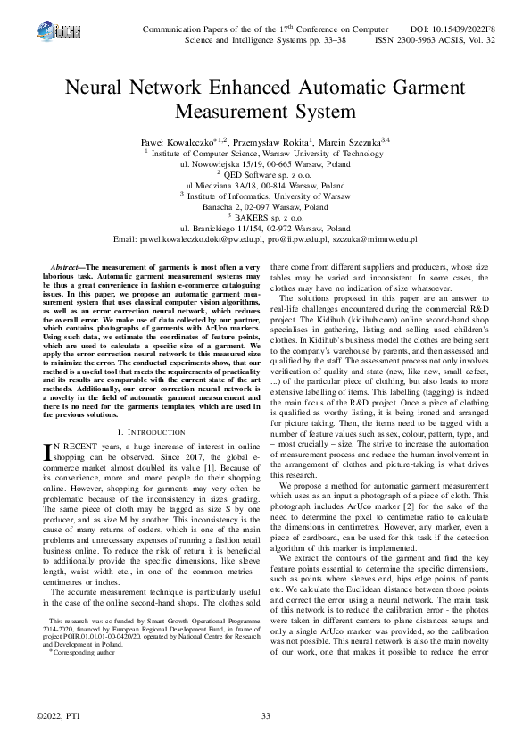 (PDF) Neural Network Enhanced Automatic Garment Measurement System