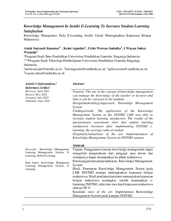 (PDF) Knowledge Management In Instiki E-Learning To Increase Student Learning Satisfaction