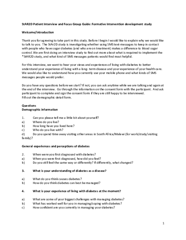 (DOC) StAR2D Patient Interview and Focus Group Guide: Formative ...