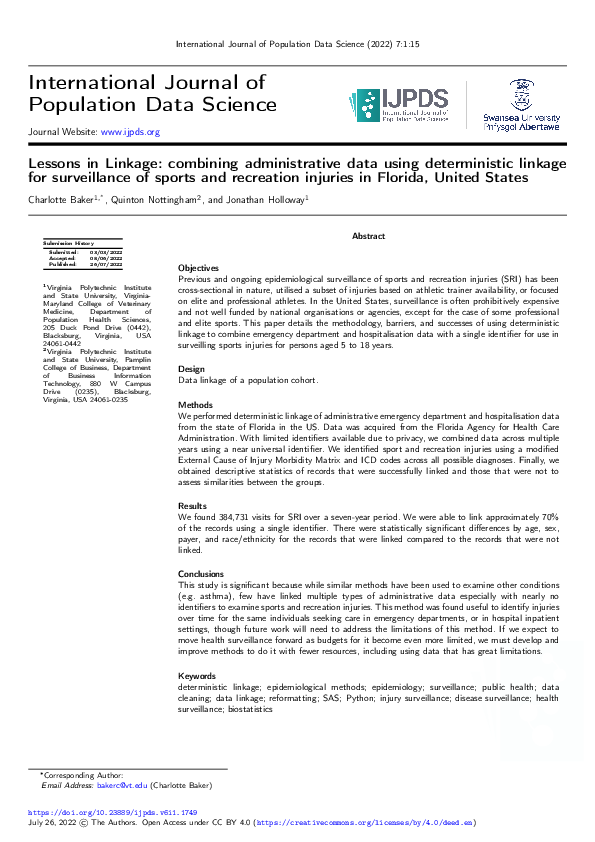 Pdf Lessons In Linkage Combining Administrative Data Using Deterministic Linkage For