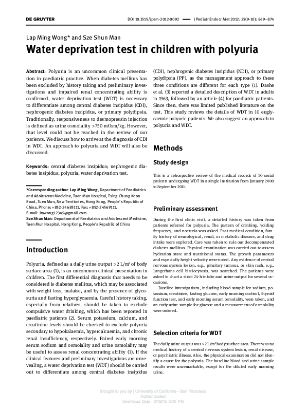 (PDF) Water deprivation test in children with polyuria